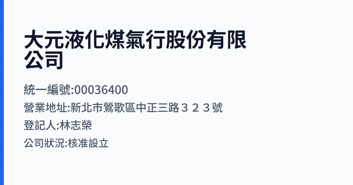 大元液化煤氣行股份有限公司 - 統編 00036400(新北市) 公司登記資料與營業項目詳細圖表
