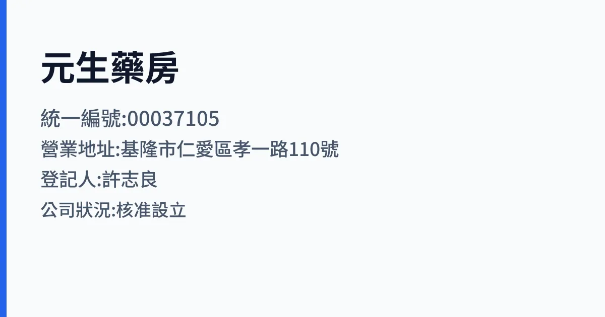元生藥房 - 統編 00037105(基隆市) 公司登記資料與營業項目詳細圖表