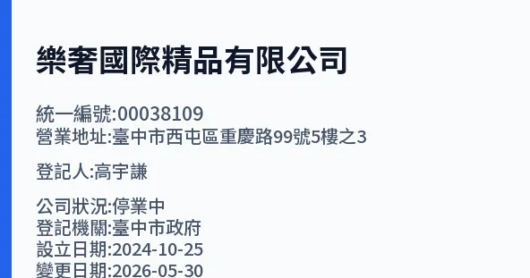 樂奢國際精品有限公司的照片-統編 00038109(臺中市) 公司登記資料與營業項目詳細圖表