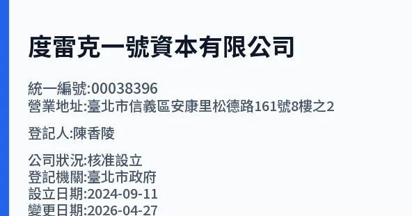 度雷克一號資本有限公司的照片-統編 00038396(臺北市) 公司登記資料與營業項目詳細圖表