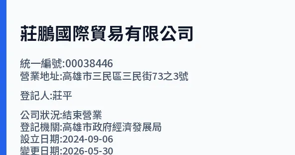 莊鵬國際貿易有限公司的照片-統編 00038446(高雄市) 公司登記資料與營業項目詳細圖表