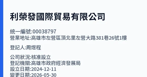 利榮發國際貿易有限公司的照片-統編 00038797(高雄市) 公司登記資料與營業項目詳細圖表