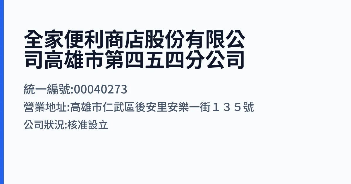 全家便利商店股份有限公司高雄市第四五四分公司 - 統編 00040273（高雄市） 公司登記資料與營業項目詳細圖表