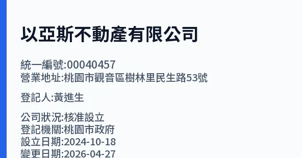 以亞斯不動產有限公司的照片-統編 00040457(桃園市) 公司登記資料與營業項目詳細圖表