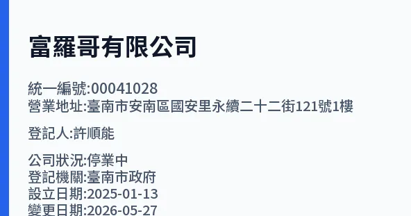 富羅哥有限公司的照片-統編 00041028(臺南市) 公司登記資料與營業項目詳細圖表