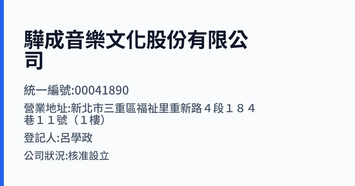 驊成音樂文化股份有限公司 - 統編 00041890(新北市) 公司登記資料與營業項目詳細圖表