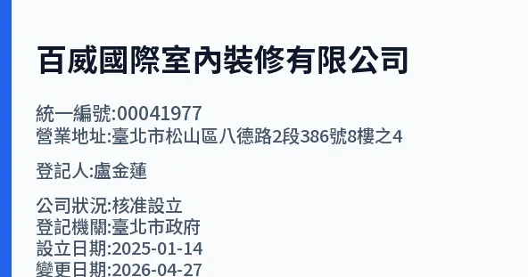 百威國際室內裝修有限公司的照片-統編 00041977(臺北市) 公司登記資料與營業項目詳細圖表