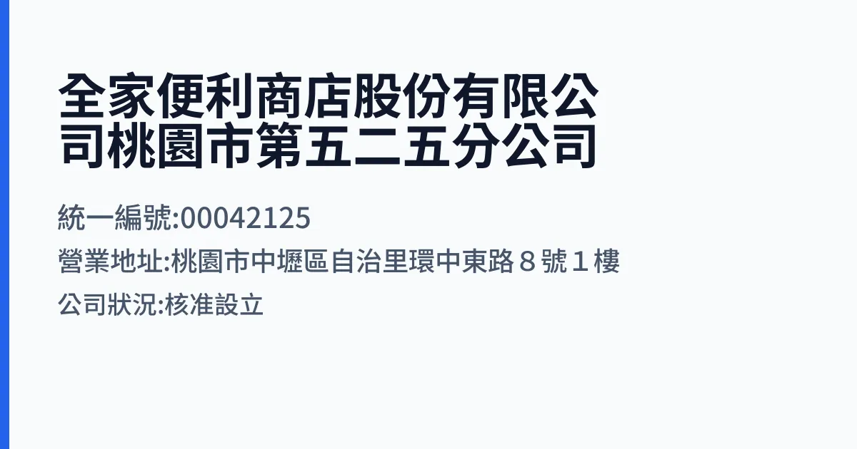 全家便利商店股份有限公司桃園市第五二五分公司 - 統編 00042125(桃園市) 公司登記資料與營業項目詳細圖表