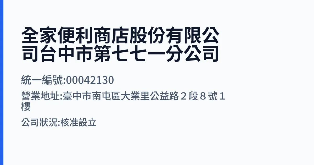 全家便利商店股份有限公司台中市第七七一分公司 - 統編 00042130(臺中市) 公司登記資料與營業項目詳細圖表