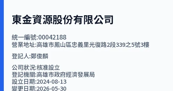 東金資源股份有限公司的照片-統編 00042188(高雄市) 公司登記資料與營業項目詳細圖表