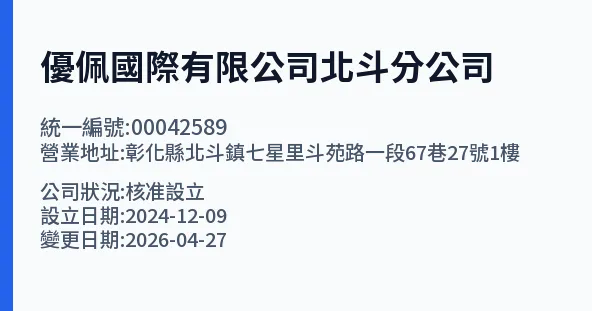 優佩國際有限公司北斗分公司的照片-統編 00042589(彰化縣) 公司登記資料與營業項目詳細圖表