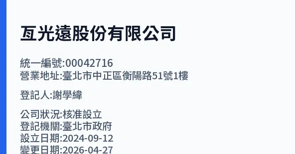 亙光遠股份有限公司的照片-統編 00042716(臺北市) 公司登記資料與營業項目詳細圖表