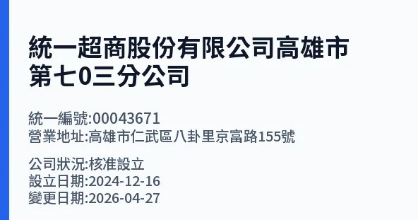 統一超商股份有限公司高雄市第七0三分公司的照片-統編 00043671(高雄市) 公司登記資料與營業項目詳細圖表
