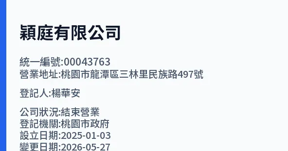 穎庭有限公司的照片-統編 00043763(桃園市) 公司登記資料與營業項目詳細圖表