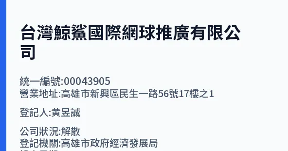 台灣鯨鯊國際網球推廣有限公司的照片-統編 00043905(高雄市) 公司登記資料與營業項目詳細圖表
