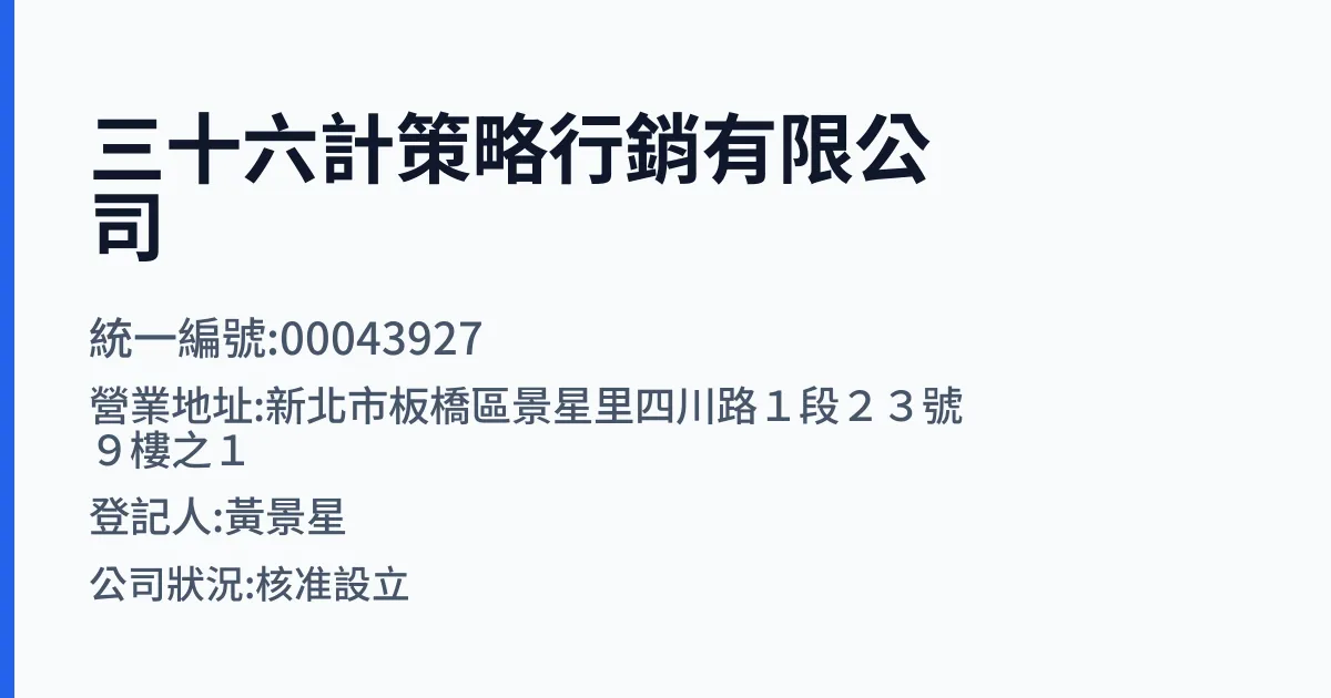 三十六計策略行銷有限公司 - 統編 00043927(新北市) 公司登記資料與營業項目詳細圖表