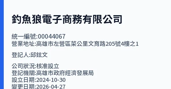 釣魚狼電子商務有限公司的照片-統編 00044067(高雄市) 公司登記資料與營業項目詳細圖表