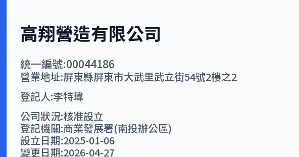 高翔營造有限公司的照片-統編 00044186(屏東縣) 公司登記資料與營業項目詳細圖表