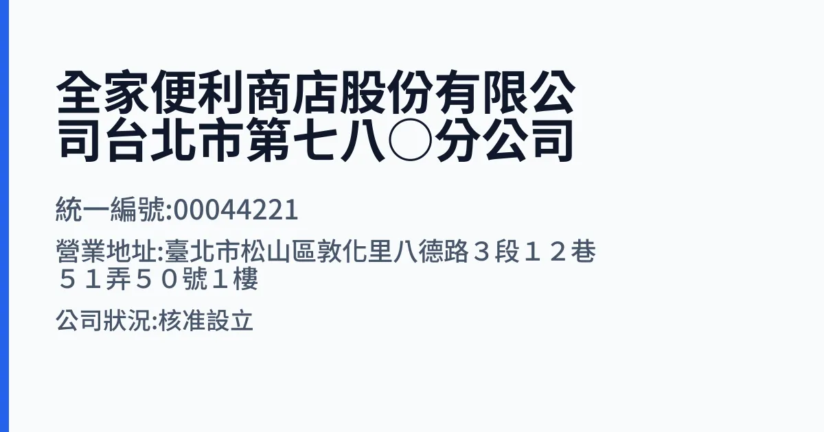 全家便利商店股份有限公司台北市第七八○分公司 - 統編 00044221(臺北市) 公司登記資料與營業項目詳細圖表