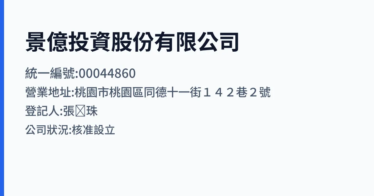 景億投資股份有限公司 - 統編 00044860(桃園市) 公司登記資料與營業項目詳細圖表