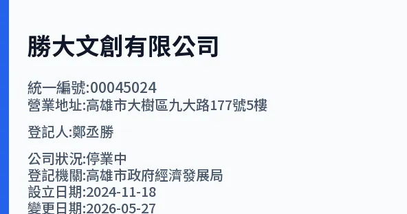 勝大文創有限公司的照片-統編 00045024(高雄市) 公司登記資料與營業項目詳細圖表
