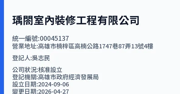 瑀閤室內裝修工程有限公司的照片-統編 00045137(高雄市) 公司登記資料與營業項目詳細圖表