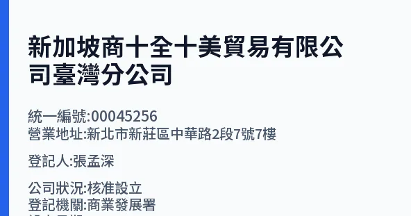 新加坡商十全十美貿易有限公司臺灣分公司的照片-統編 00045256(新北市) 公司登記資料與營業項目詳細圖表