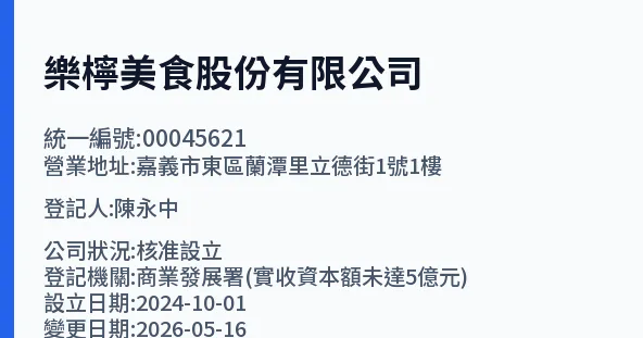 樂檸美食股份有限公司的照片-統編 00045621(嘉義市) 公司登記資料與營業項目詳細圖表