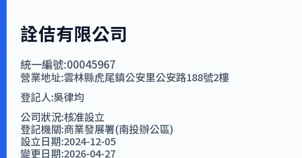 詮佶有限公司的照片-統編 00045967(雲林縣) 公司登記資料與營業項目詳細圖表