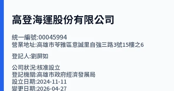 高登海運股份有限公司的照片-統編 00045994(高雄市) 公司登記資料與營業項目詳細圖表