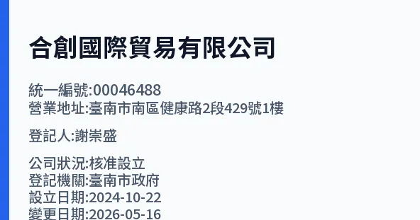合創國際貿易有限公司的照片-統編 00046488(臺南市) 公司登記資料與營業項目詳細圖表