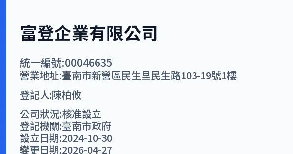 富登企業有限公司的照片-統編 00046635(臺南市) 公司登記資料與營業項目詳細圖表