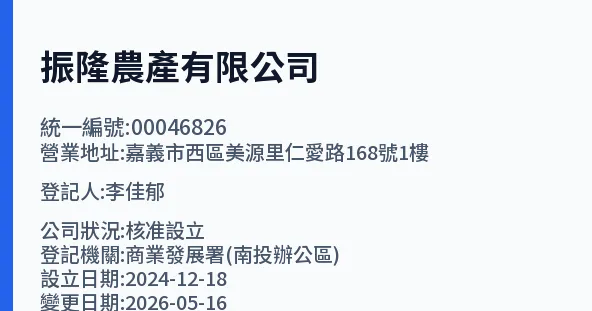 振隆農產有限公司的照片-統編 00046826(嘉義市) 公司登記資料與營業項目詳細圖表