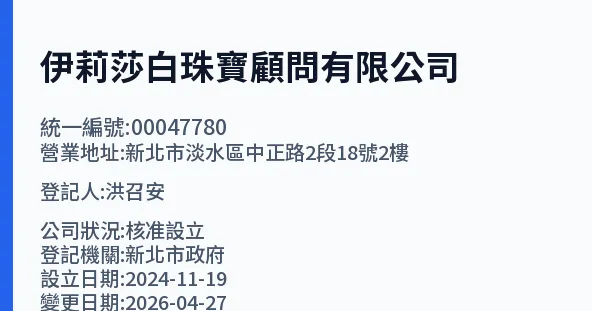 伊莉莎白珠寶顧問有限公司的照片-統編 00047780(新北市) 公司登記資料與營業項目詳細圖表