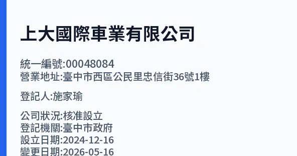 上大國際車業有限公司的照片-統編 00048084(臺中市) 公司登記資料與營業項目詳細圖表