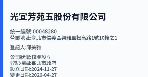 光宜芳苑五股份有限公司的照片-統編 00048280(臺北市) 公司登記資料與營業項目詳細圖表