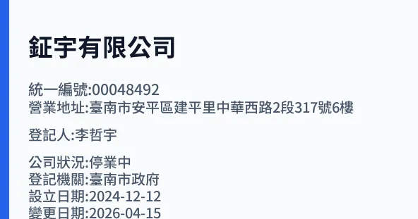 鉦宇有限公司的照片-統編 00048492(臺南市) 公司登記資料與營業項目詳細圖表