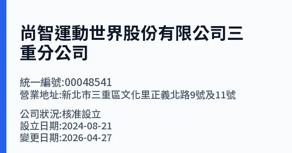 尚智運動世界股份有限公司三重分公司的照片-統編 00048541(新北市) 公司登記資料與營業項目詳細圖表