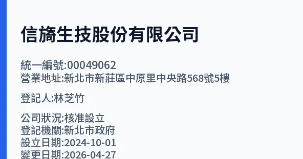 信旖生技股份有限公司的照片-統編 00049062(新北市) 公司登記資料與營業項目詳細圖表