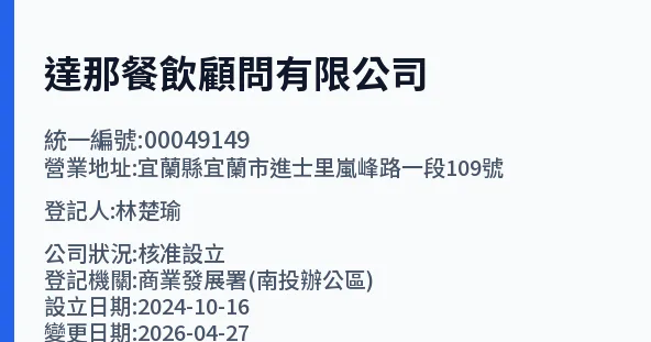 達那餐飲顧問有限公司的照片-統編 00049149(宜蘭縣) 公司登記資料與營業項目詳細圖表