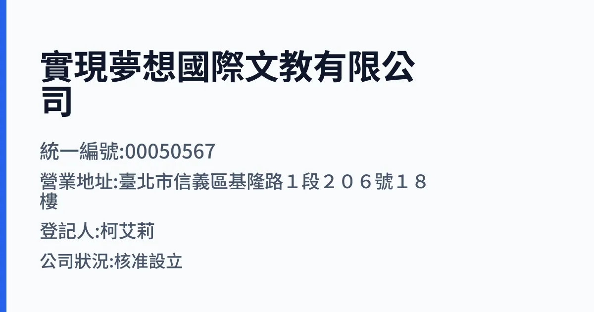 實現夢想國際文教有限公司 - 統編 00050567(臺北市) 公司登記資料與營業項目詳細圖表
