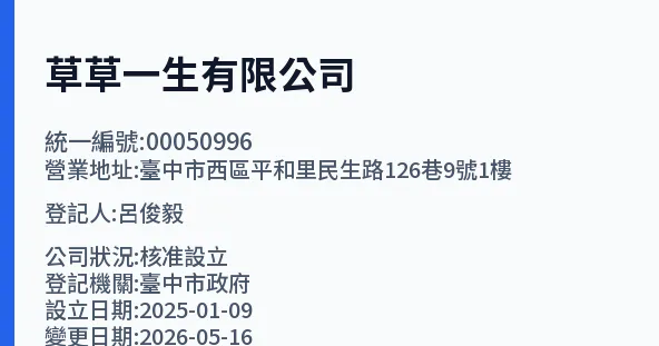草草一生有限公司的照片-統編 00050996(臺中市) 公司登記資料與營業項目詳細圖表