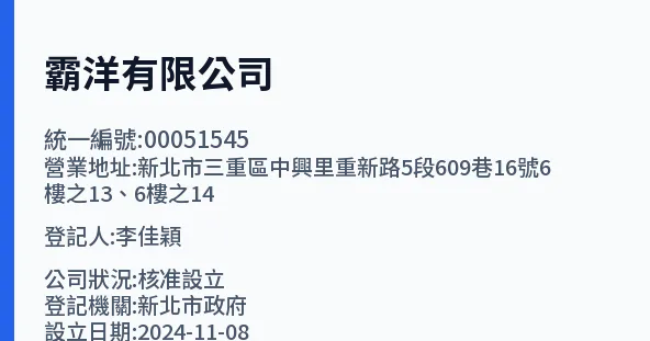 霸洋有限公司的照片-統編 00051545(新北市) 公司登記資料與營業項目詳細圖表