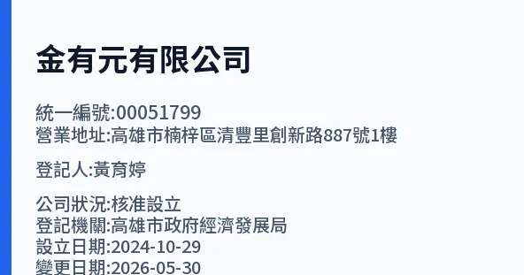 金有元有限公司的照片-統編 00051799(高雄市) 公司登記資料與營業項目詳細圖表