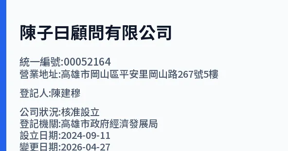 陳子曰顧問有限公司的照片-統編 00052164(高雄市) 公司登記資料與營業項目詳細圖表