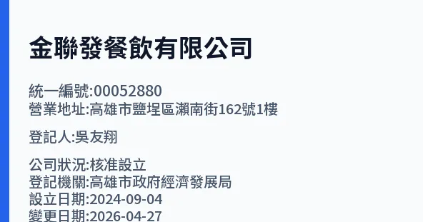 金聯發餐飲有限公司的照片-統編 00052880(高雄市) 公司登記資料與營業項目詳細圖表