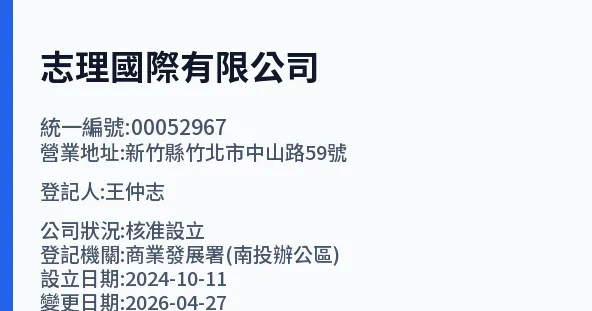 志理國際有限公司的照片-統編 00052967(新竹縣) 公司登記資料與營業項目詳細圖表