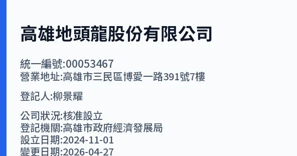 高雄地頭龍股份有限公司的照片-統編 00053467(高雄市) 公司登記資料與營業項目詳細圖表