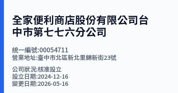 全家便利商店股份有限公司台中市第七七六分公司的照片-統編 00054711(臺中市) 公司登記資料與營業項目詳細圖表