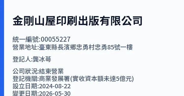 金剛山屋印刷出版有限公司的照片-統編 00055227(臺東縣) 公司登記資料與營業項目詳細圖表